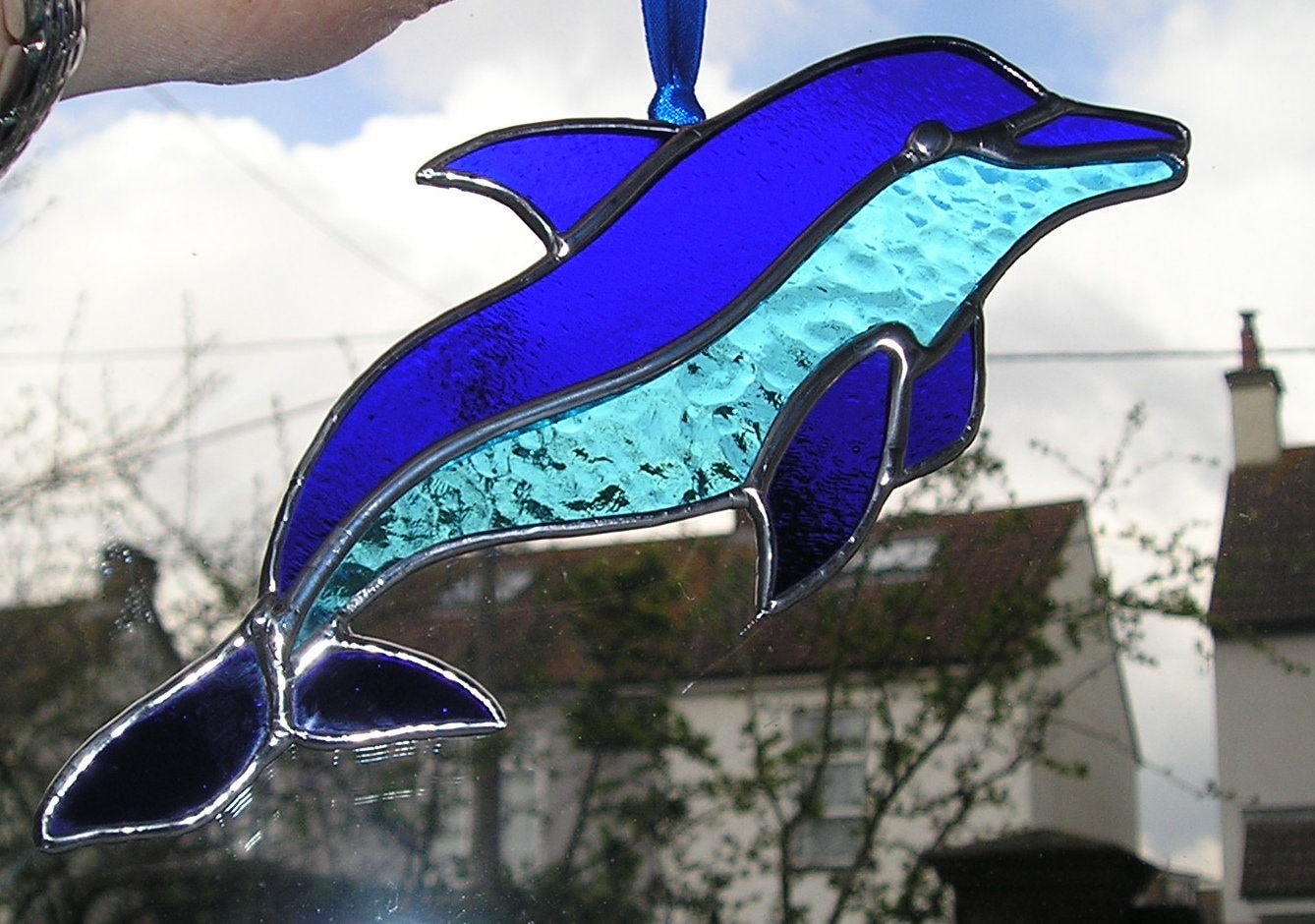 Stained Glass Blue Dolphin Panel Suncatcher Handmade in - Etsy