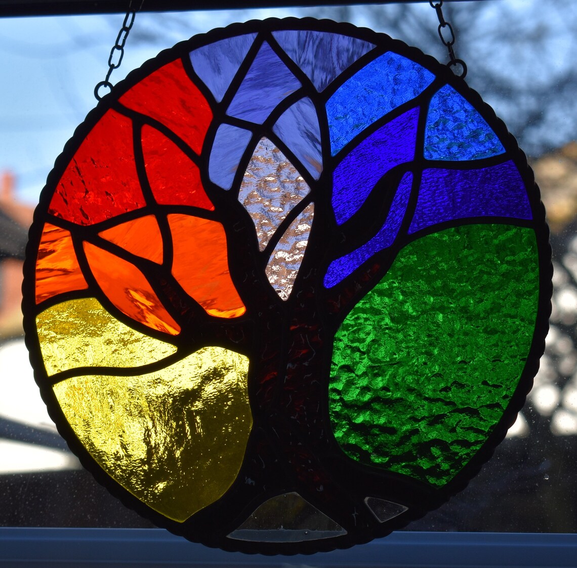 Stained Glass Rainbow Tree of Life Rainbow Suncatcher Roundal | Etsy