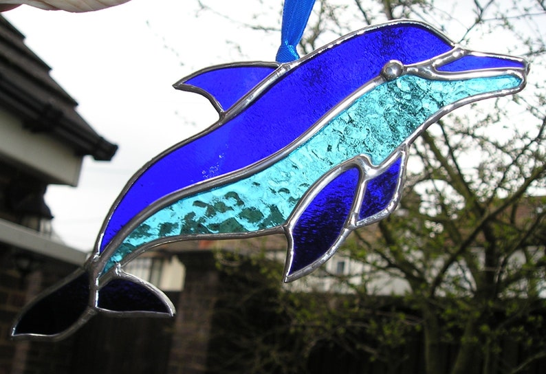 Stained Glass Blue Dolphin Panel Suncatcher Handmade in - Etsy