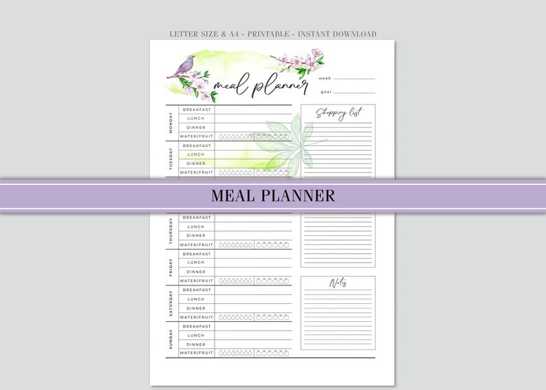 Meal Tracker Printable, Weekly Food Diary, Meal Planner, Food Journal ...