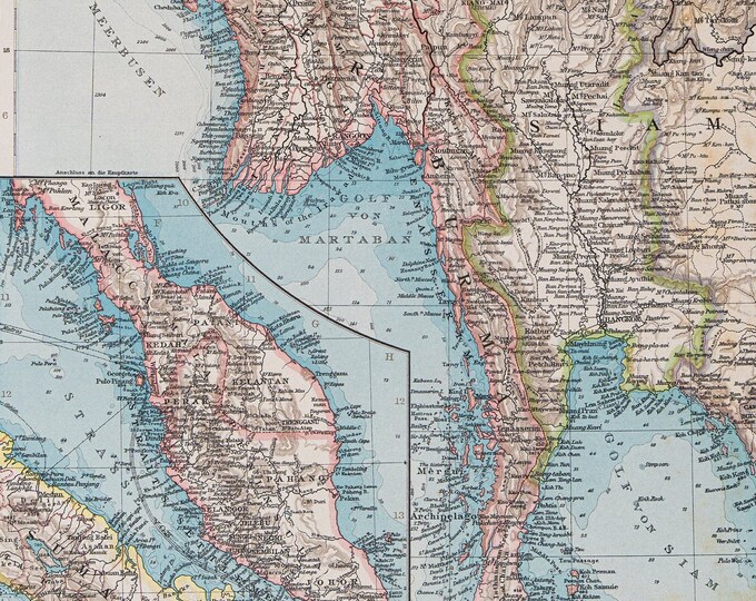 Map of Burma and Malay Peninsula / Color Map / Original / German World ...