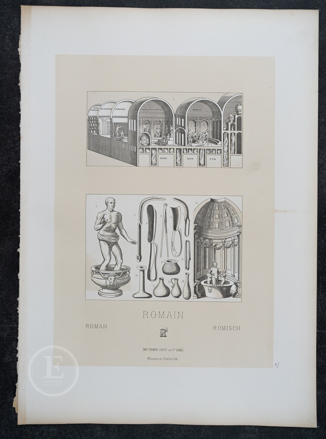 1888 Roman Private Baths by Racinet - Original Color Lithograph, Crown ...