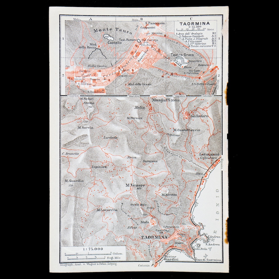 1893 Taormina Antique Map - Sicily Travel Lithograph Print - Etsy