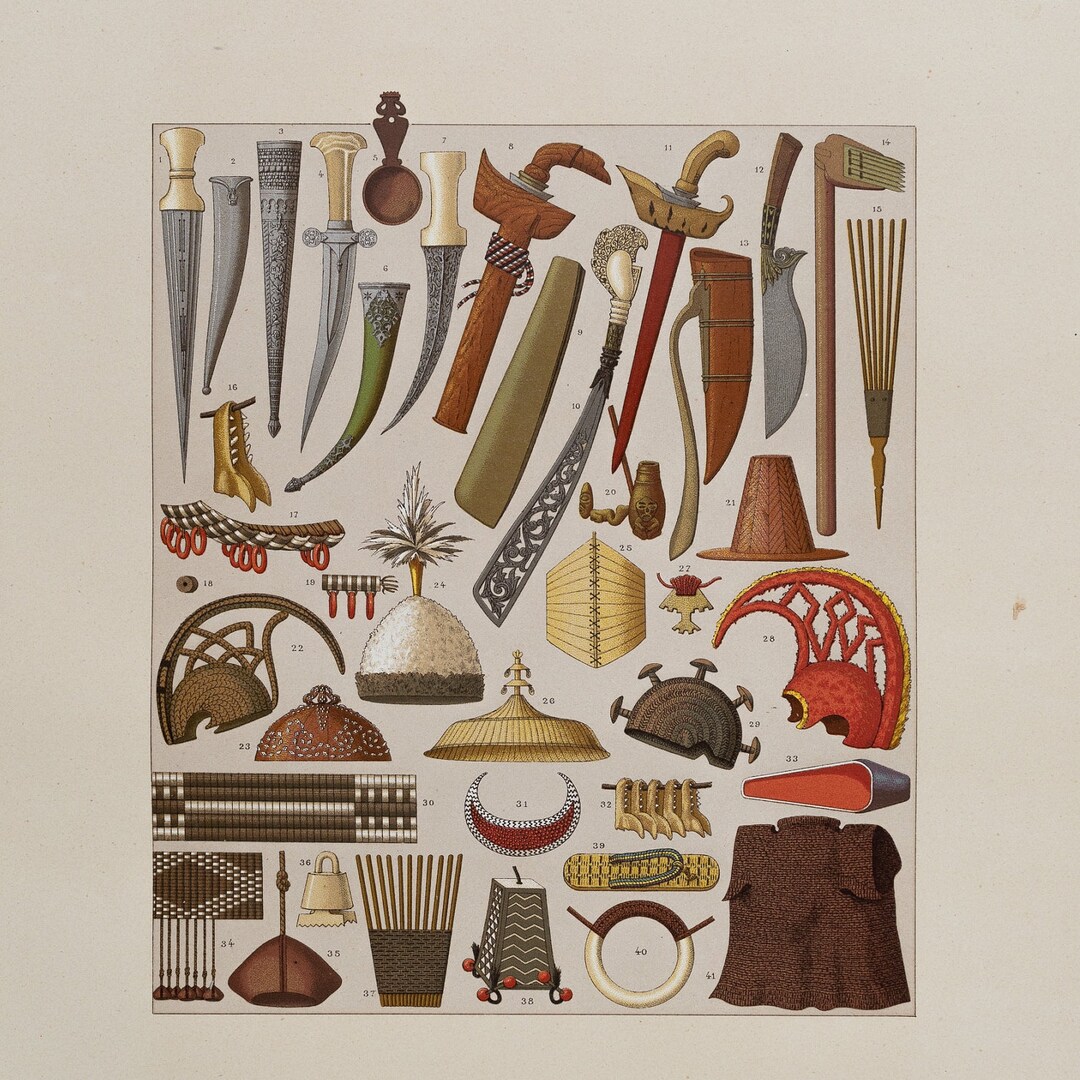 1888 Oceania Weapons and Utensils by Racinet - Original Color ...