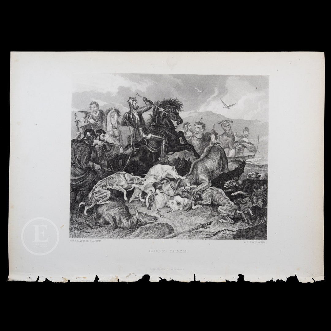 1877 the HUNTING of CHEVY CHASE - Original Steel Engraving by Sir Edwin ...