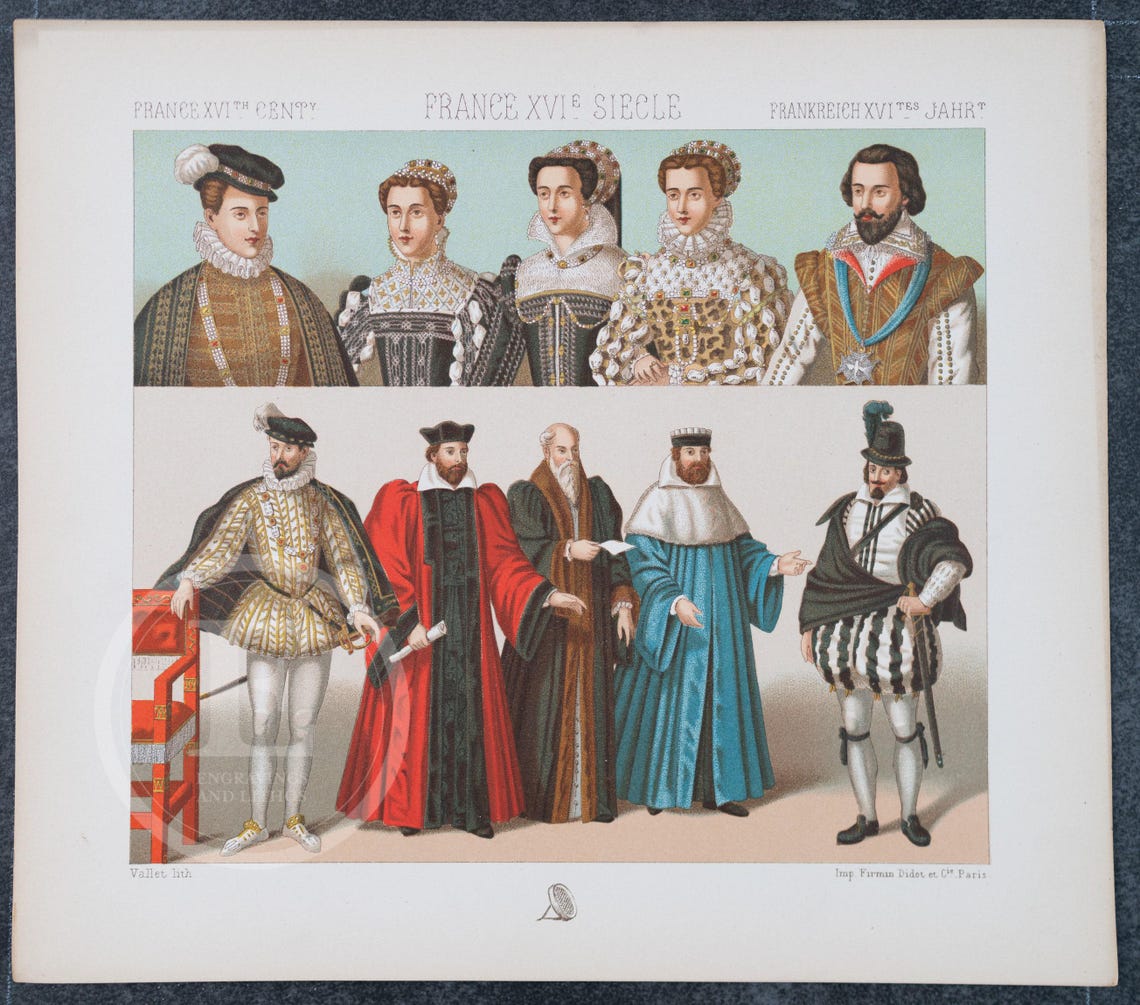 1888 French Nobility Costumes From 16th Century by A.racinet Lithograph ...