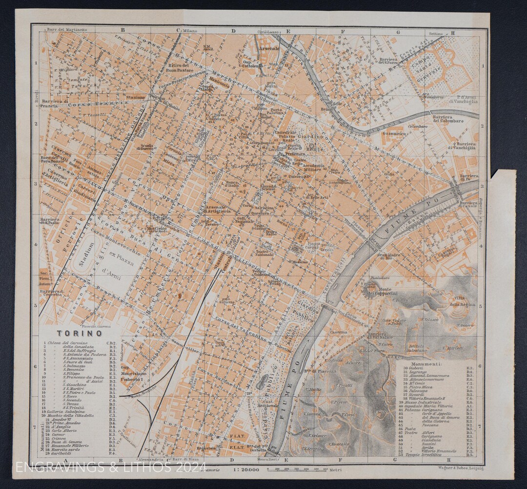1893 Map of TURIN, City in ITALY - Authentic Lithograph Map, Leipzig ...