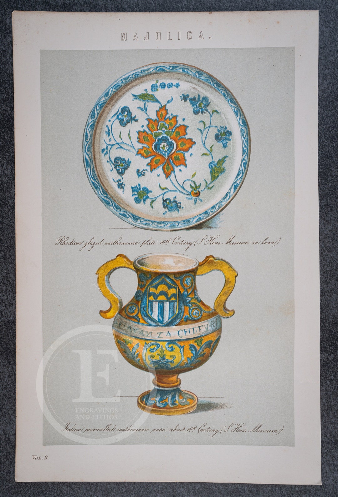 1891 . Majolica: Rhodian Earthenware Plate, Italian Earthenware Vase ...