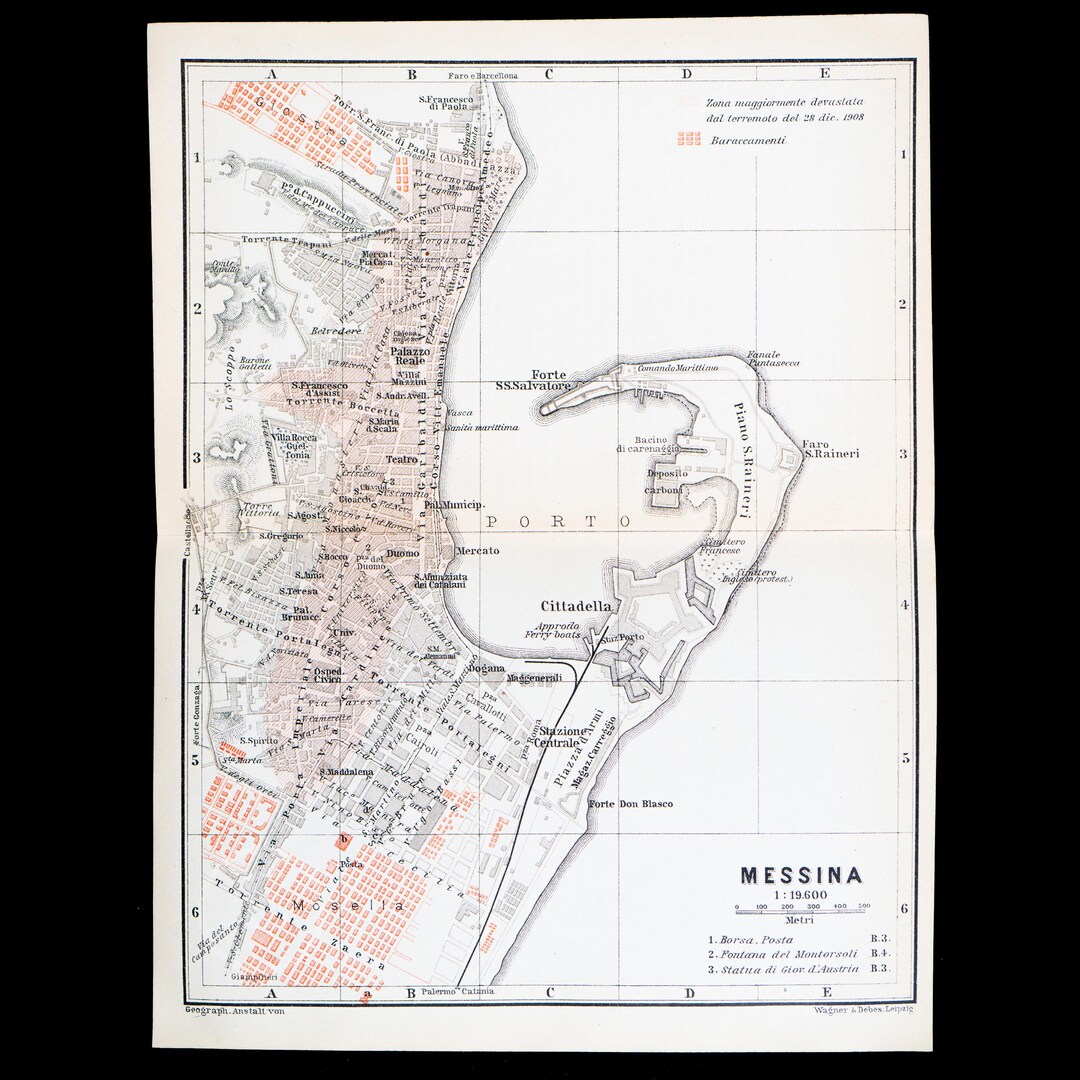 1893 Map of MESSINA, a Harbor City, SICILY, ITALY - Authentic ...