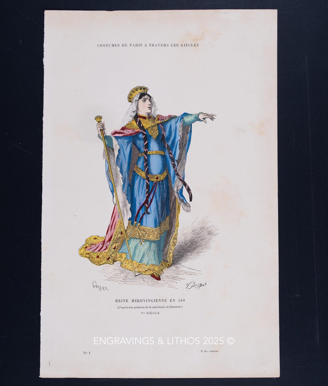 1881 MEROVINGIAN QUEEN (5th Century) - Original Lithography Hand ...