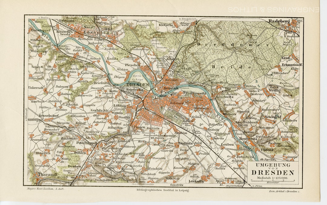 Map of Dresden, Germany - Original Color Lithography From Meyers ...