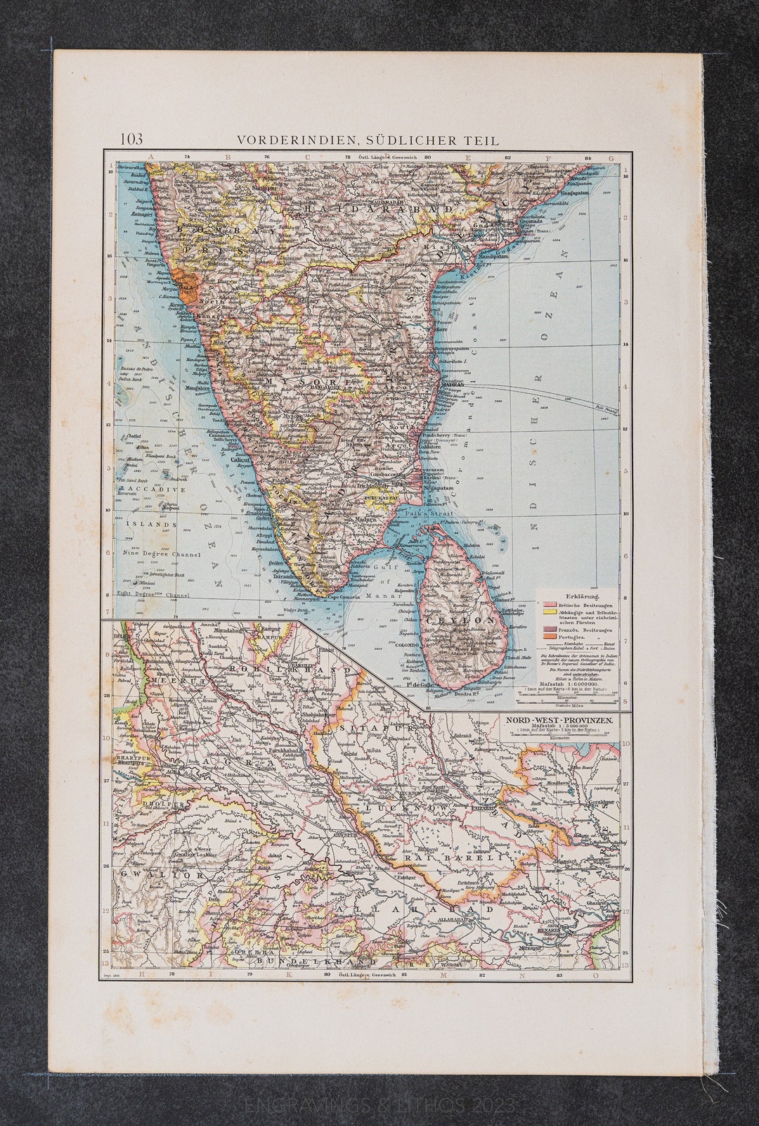 Map of the Indian Peninsula / Color Map / Original / German World Atlas ...