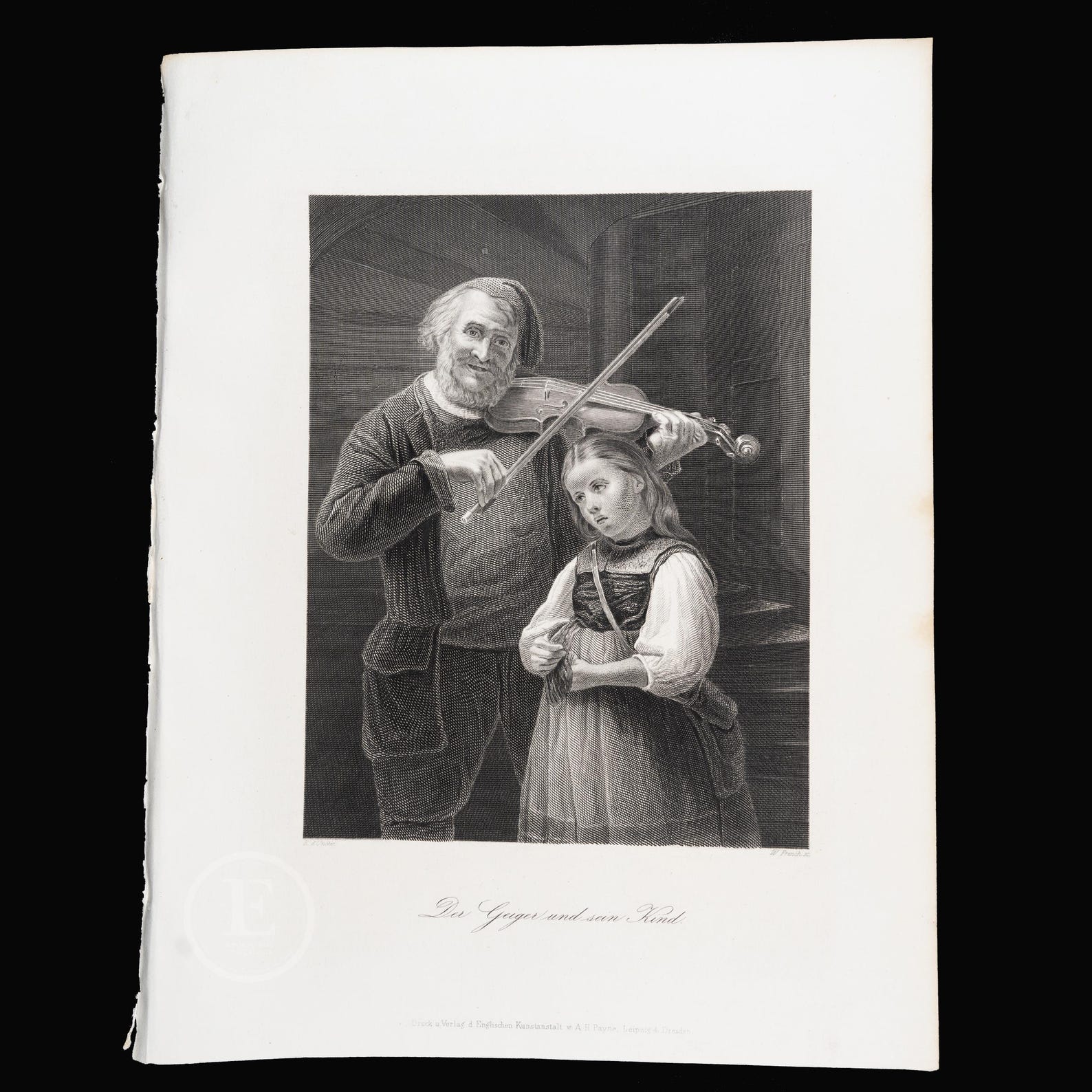 1855 the FIDDLER and His CHILD - Black and White Steel Engraving by ...