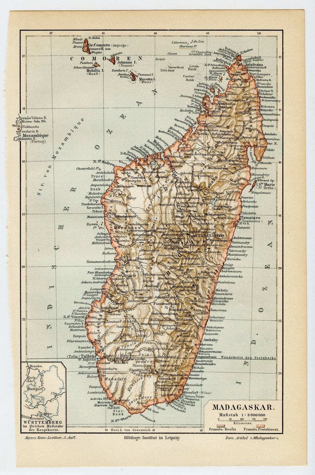 Map of Madagascar- Original Color Lithography From Meyers Lexikon 1897 ...