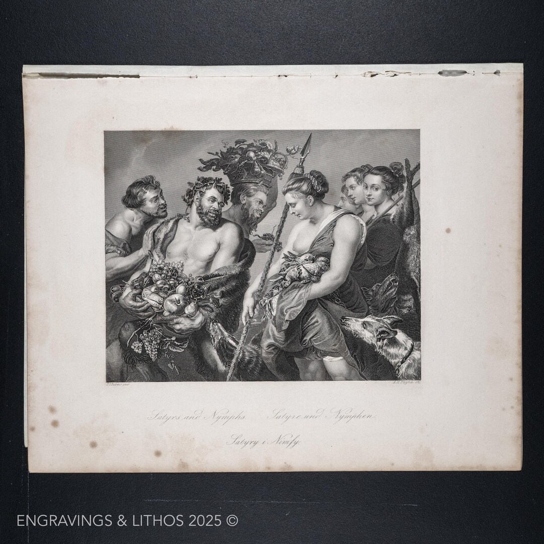 1850 SATYRS and NYMPHS Black and White Steel Engraving by royal Dresden ...