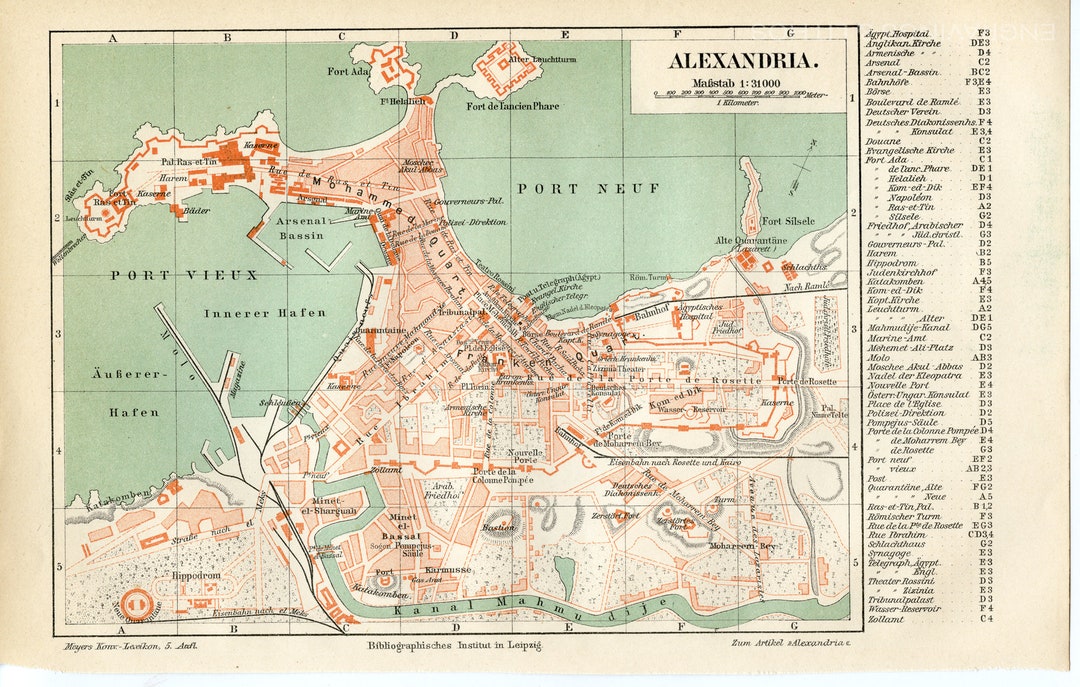 Map of Alexandria City, Egypt - Original Color Lithography From Meyers ...