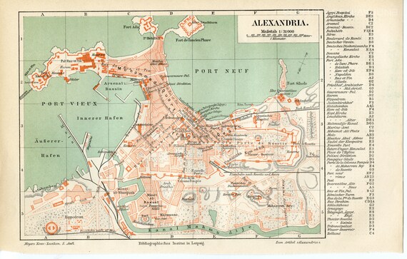 Map of Alexandria City Egypt Original Color Lithography | Etsy