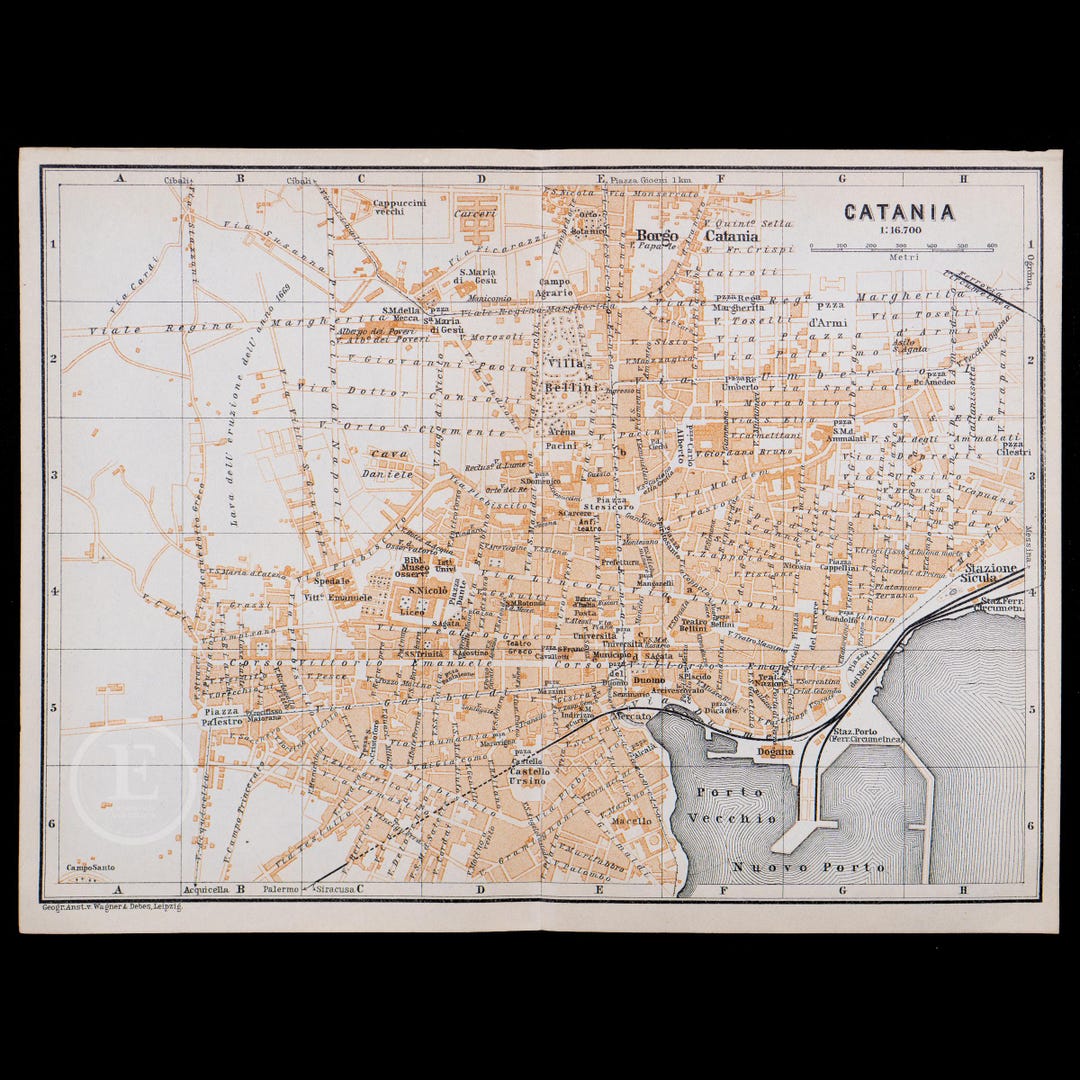 1893 Map of Catania, Sicily - Italy - Authentic Lithograph Map, Leipzig ...