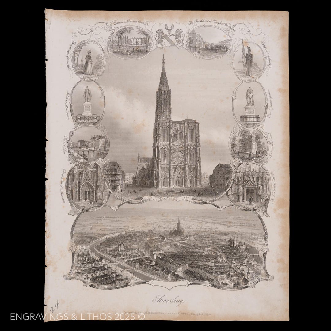 1855 STRASBOURG CATHEDRAL, FRANCE - Black and White Steel Engraving by Albert Henry Payne “payne ...