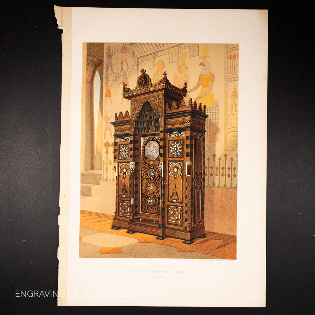 1876 INLAID and CARVED CABINET – Antique Lithograph – Original ...
