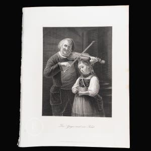1855 the FIDDLER and His CHILD Black and White Steel Engraving by ...