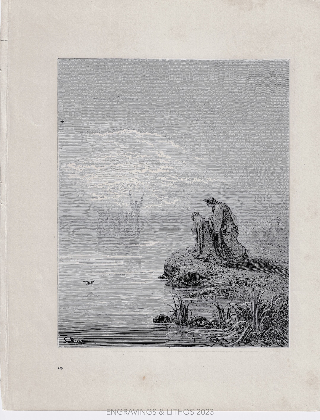 1870 Dante Kneeling Before Celestial Helmsman. - Original Engraving From "the Dore Gallery ...