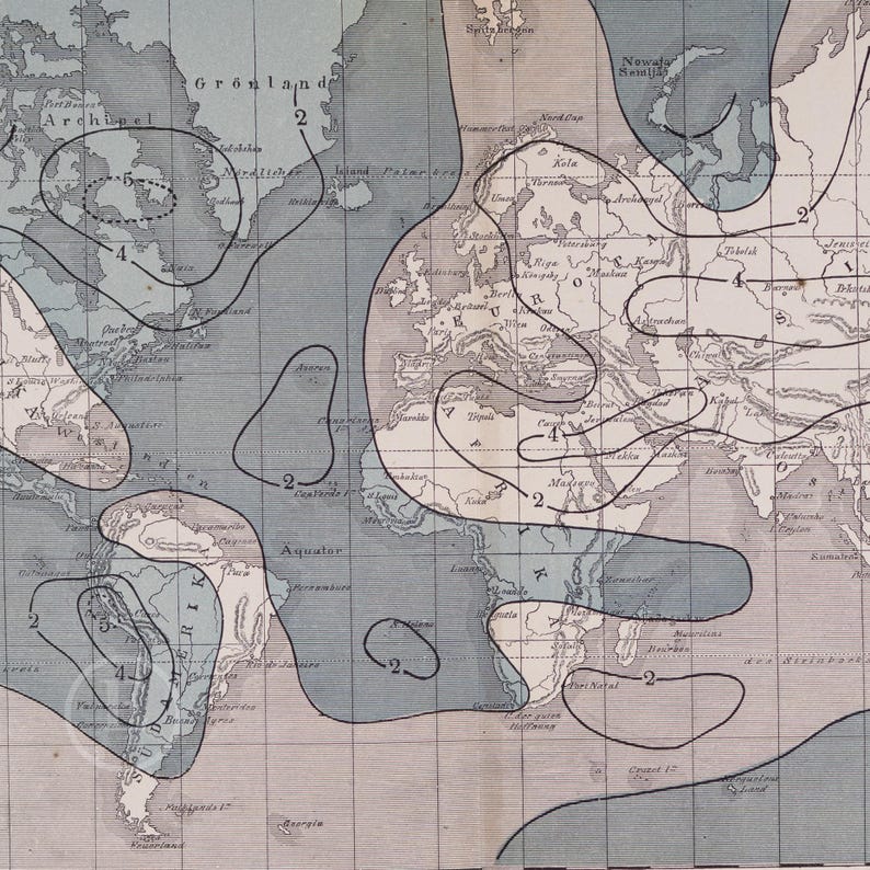 1872 Astronomy Plate: Thermal Anomalies Map - Rare Hand-colored Print ...