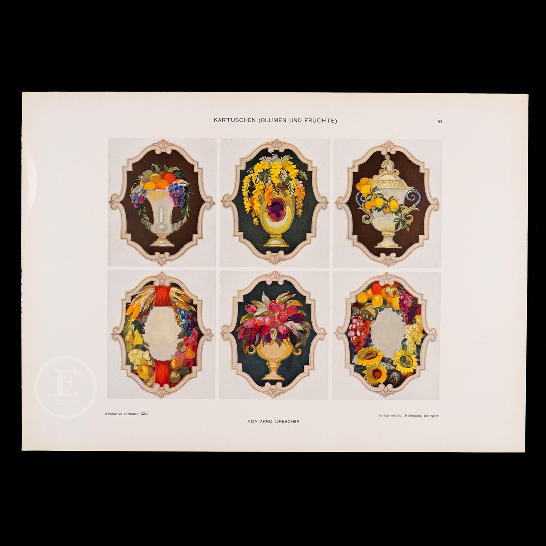 Cartouches Antique Print: 1913 Floral and Fruit Lithograph- Dekorative ...