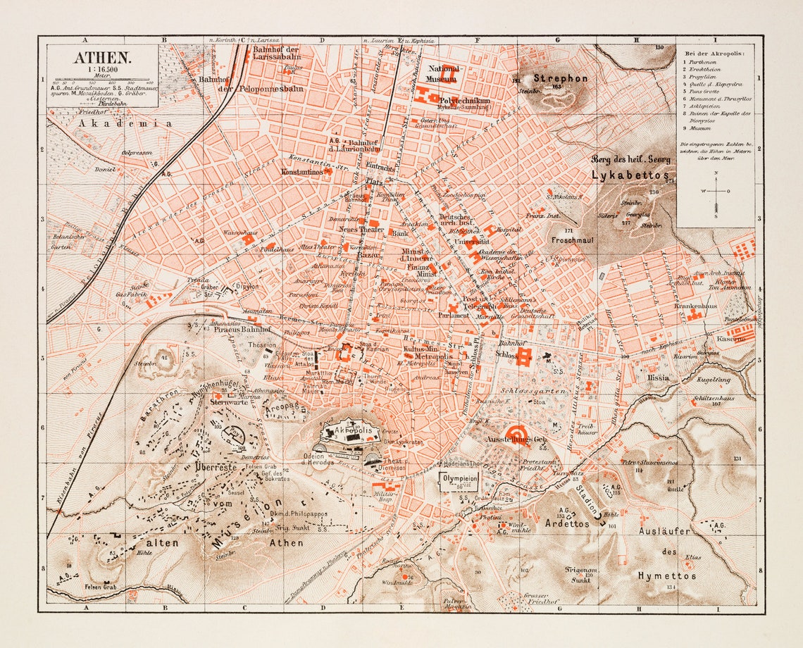 Map of Athens, Greece - Original Color Lithography From Meyers Lexikon ...
