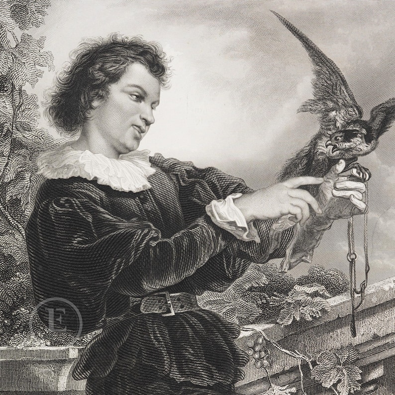 1855 FALCONER WITH His BIRD - Black and White Steel Engraving by Albert ...