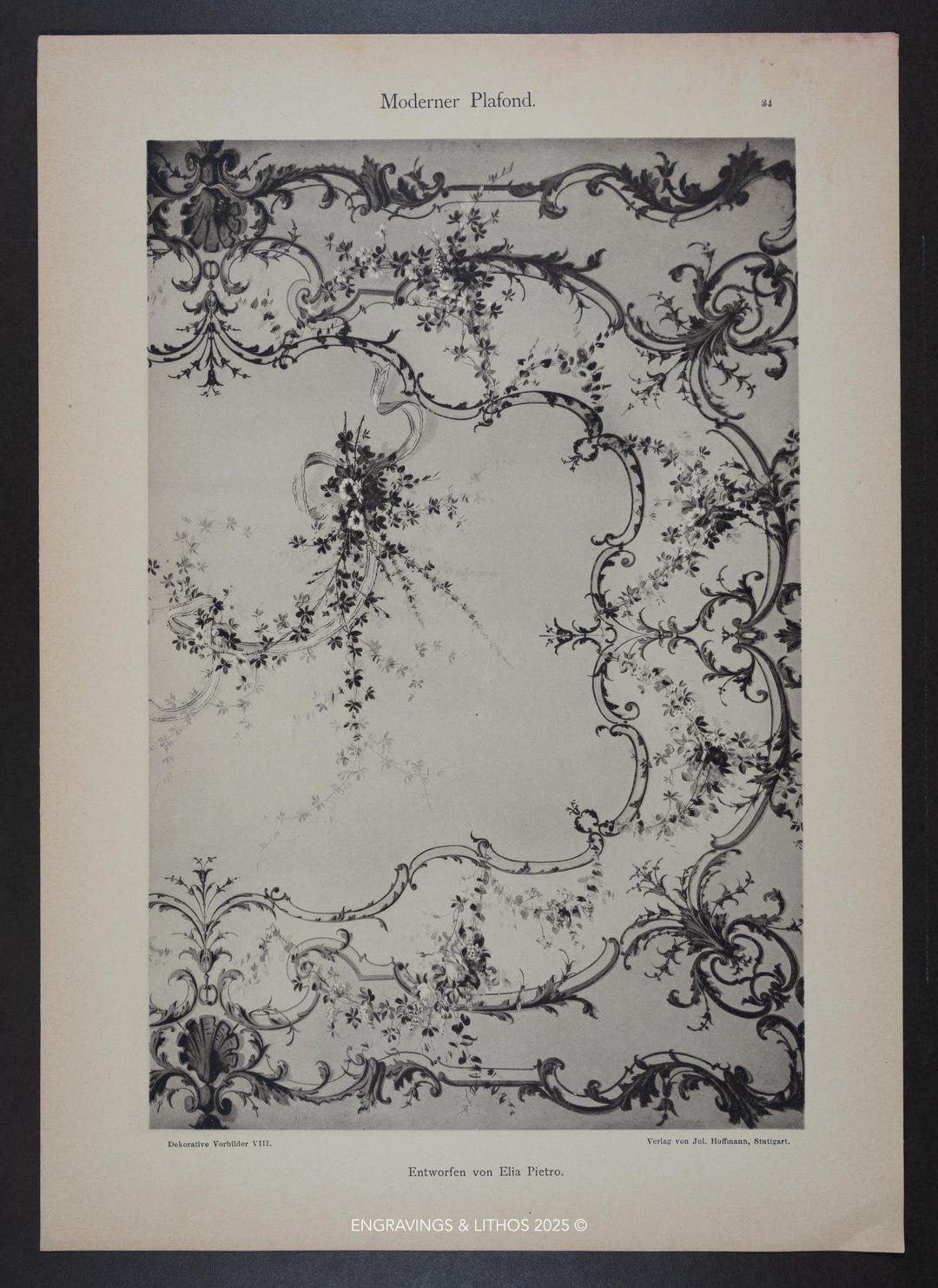 MODERN CEILING ORNAMENT – Decorative Lithograph Metallic Gold Ink ...