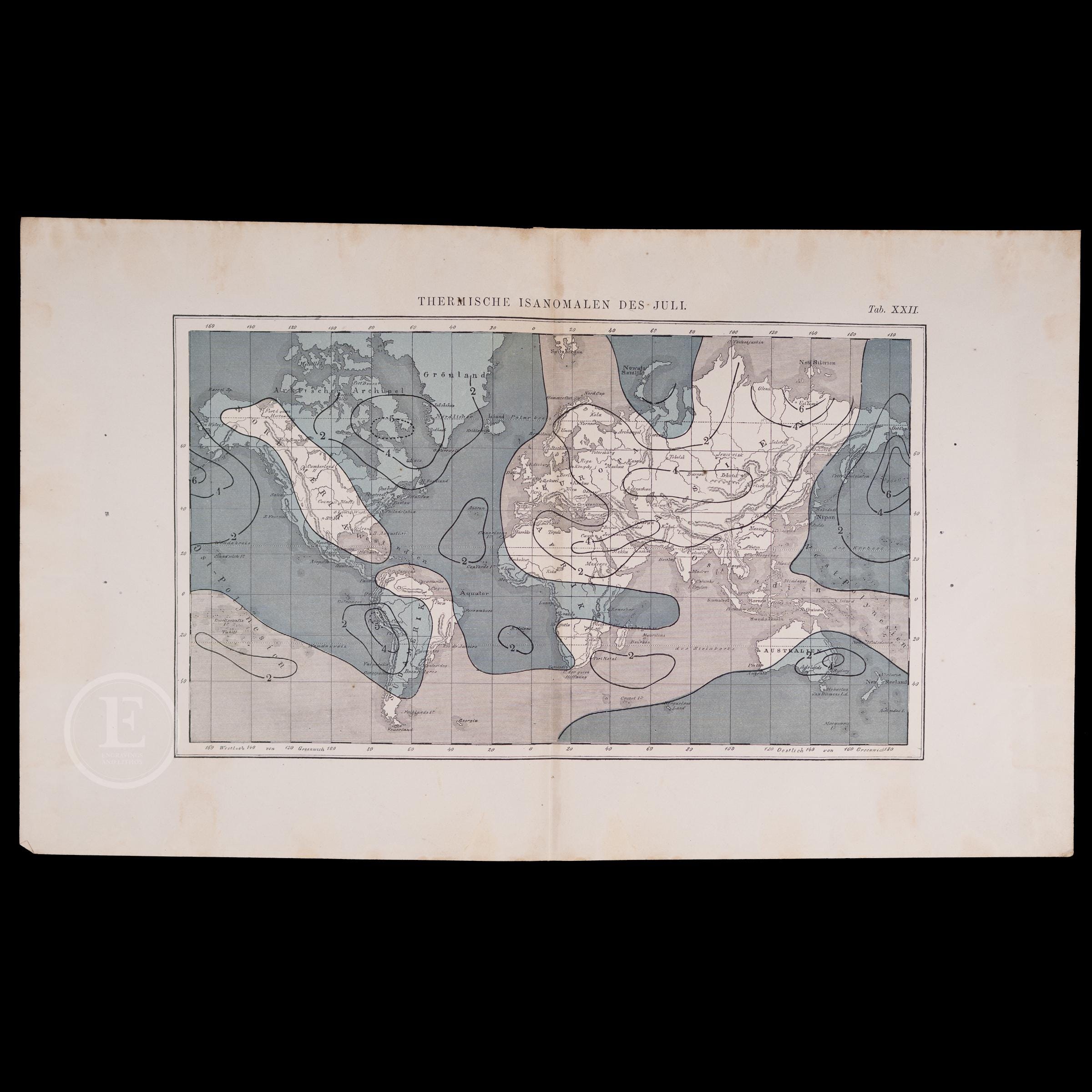 1872 Astronomy Plate: Thermal Anomalies Map - Rare Hand-colored Print ...