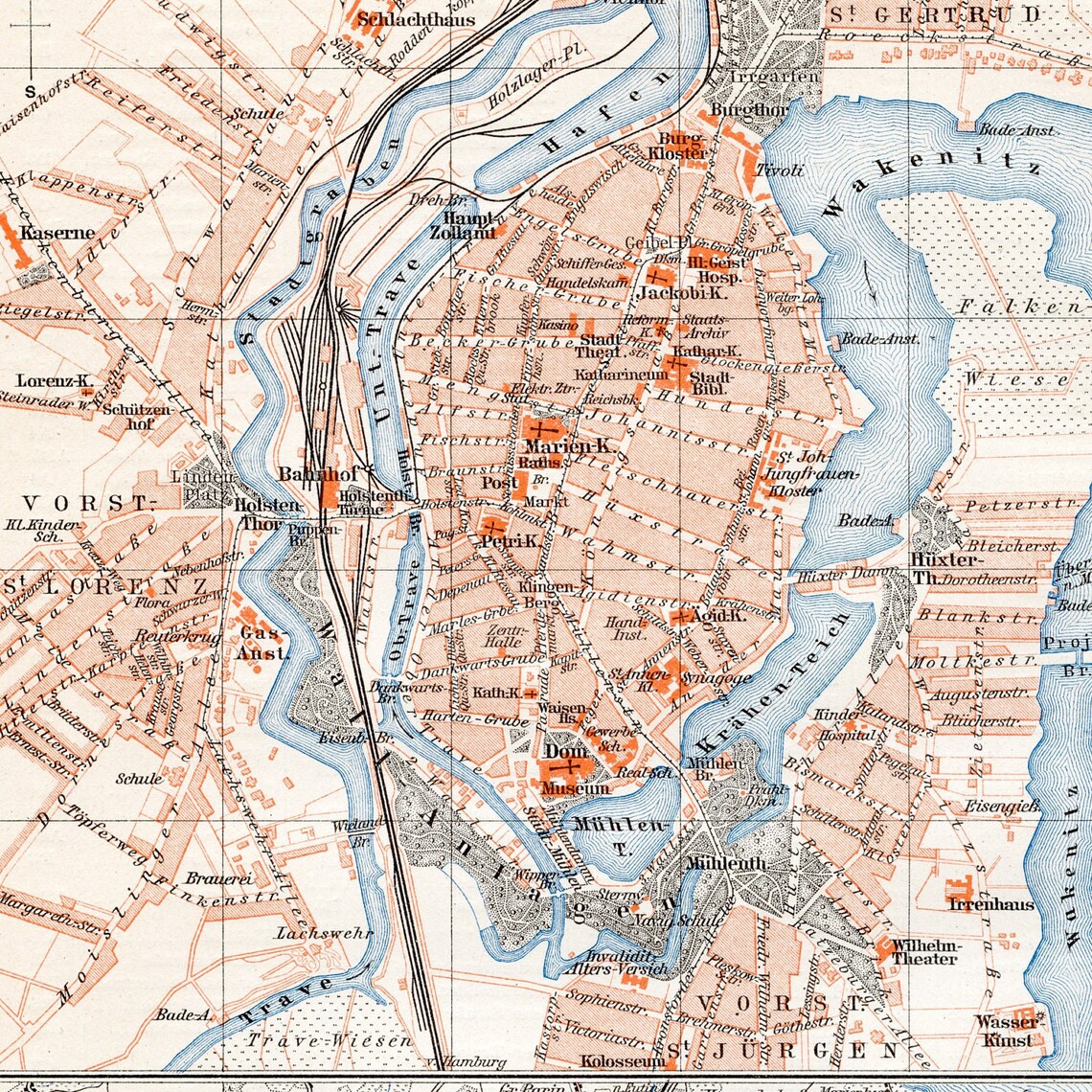 Map of Lübeck Germany Original Color Lithography From - Etsy