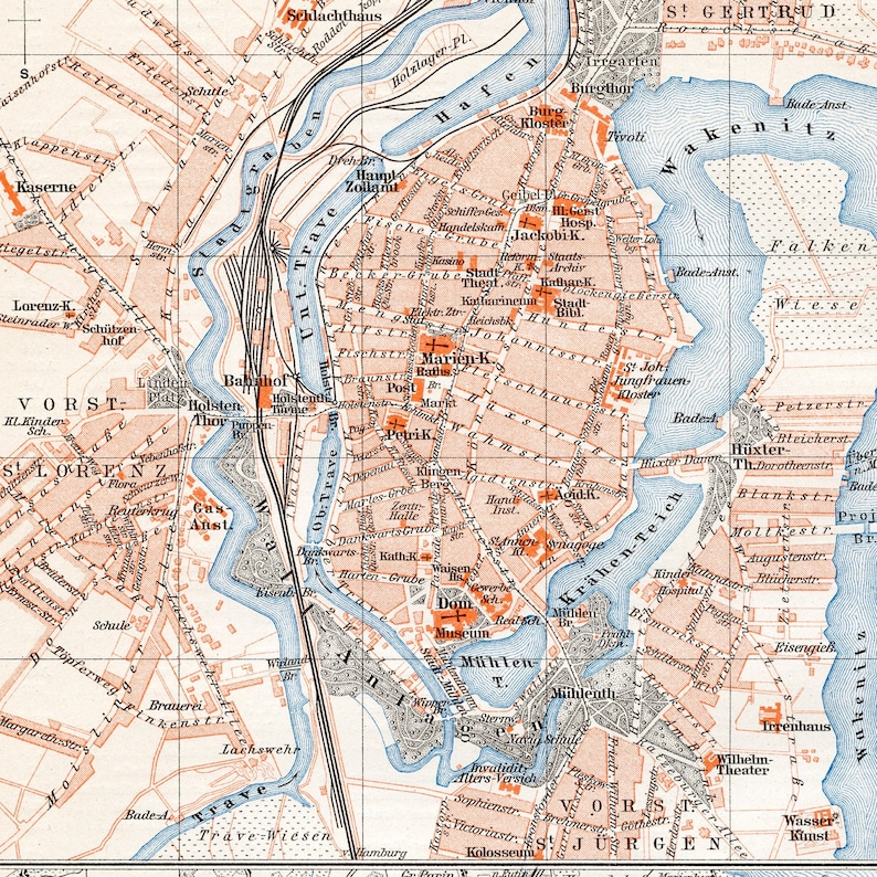 Map of Lübeck, Germany - Original Color Lithography From Meyers Lexikon ...
