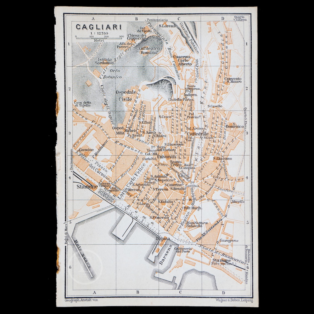 1893 Map of CAGLIARI, Capital of SARDINIA, ITALY - Authentic Lithograph ...
