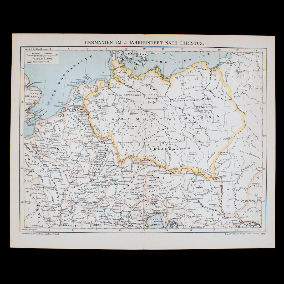 1898 - Map of GERMANIA I M 2nd Century AD - Rare Chromolithograph Plate ...