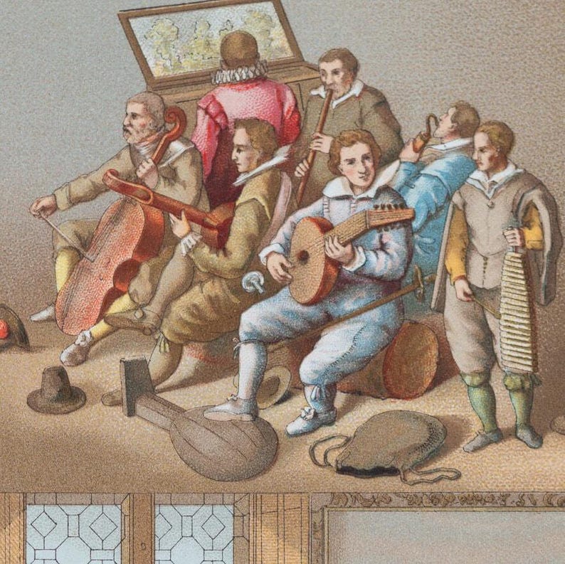 1888 European Playing Musical Instruments by A.racinet Lithograph - Etsy