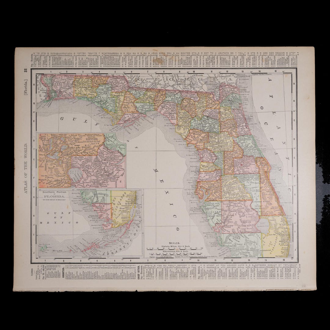 1897 FLORIDA, USA - Original Map From Rand Mcnally and Company Atlas of ...