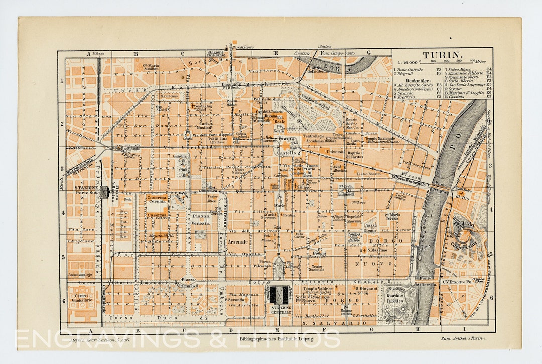 Map of Turin, Italy - Original Color Lithography From Meyers Lexikon ...