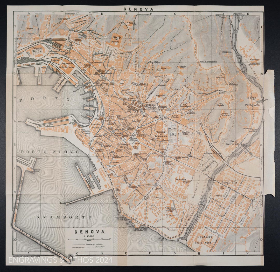 1893 Map of GENOA, City in ITALY - Authentic Lithograph Map, Leipzig ...