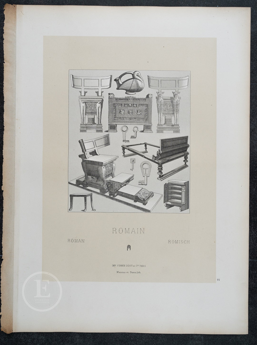 1888 Roman Furniture and Various Objects by Racinet - Original Color ...