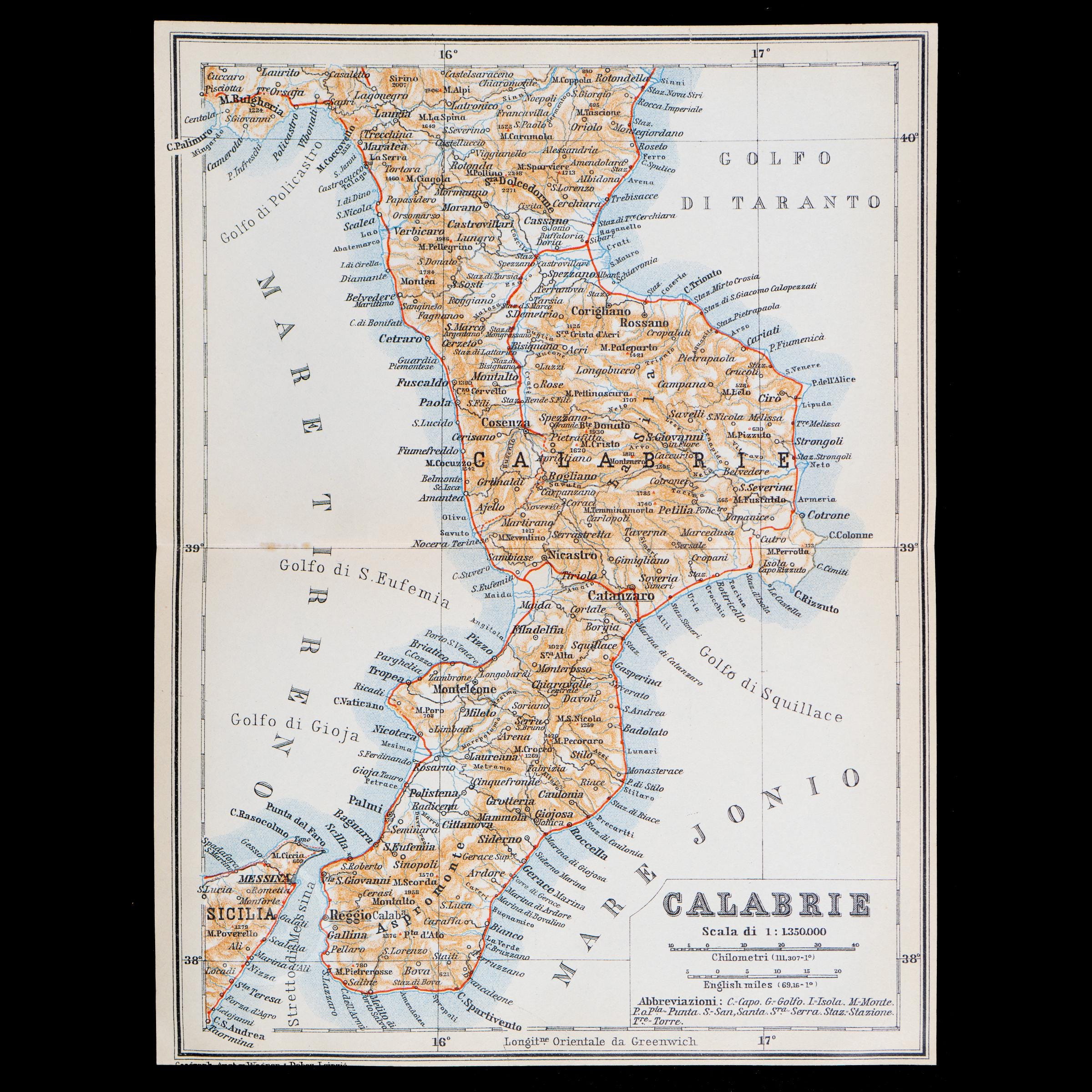 1893 Calabria Map - Antique Southern Italy Lithograph Print - Etsy