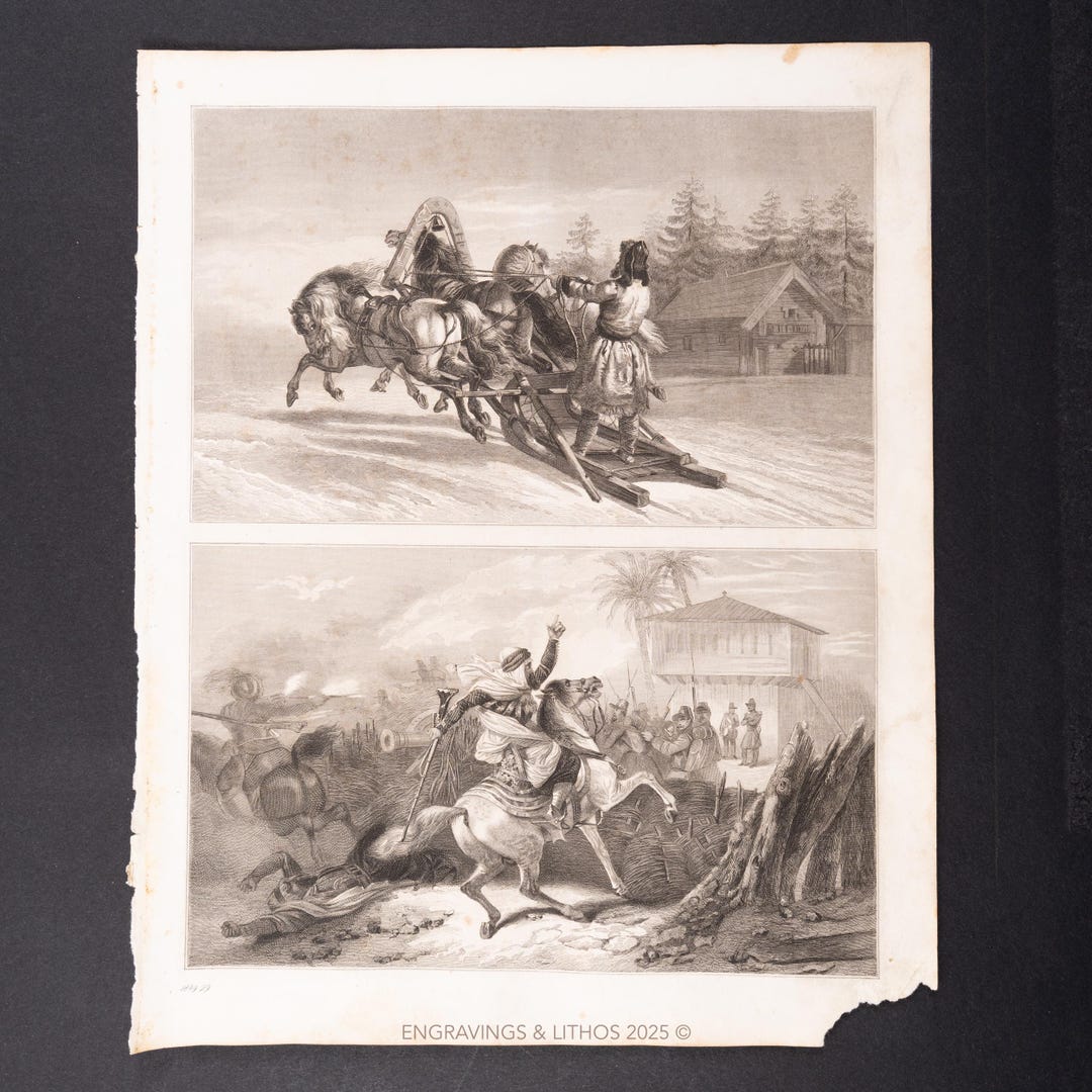 1849 BALTIC SLEIGH RIDE & Oriental Cavalry Battle – Antique 1849 ...
