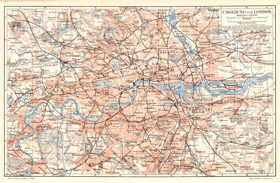 Map of London, UK Original Color Lithography From Meyers Lexikon 1897 ...