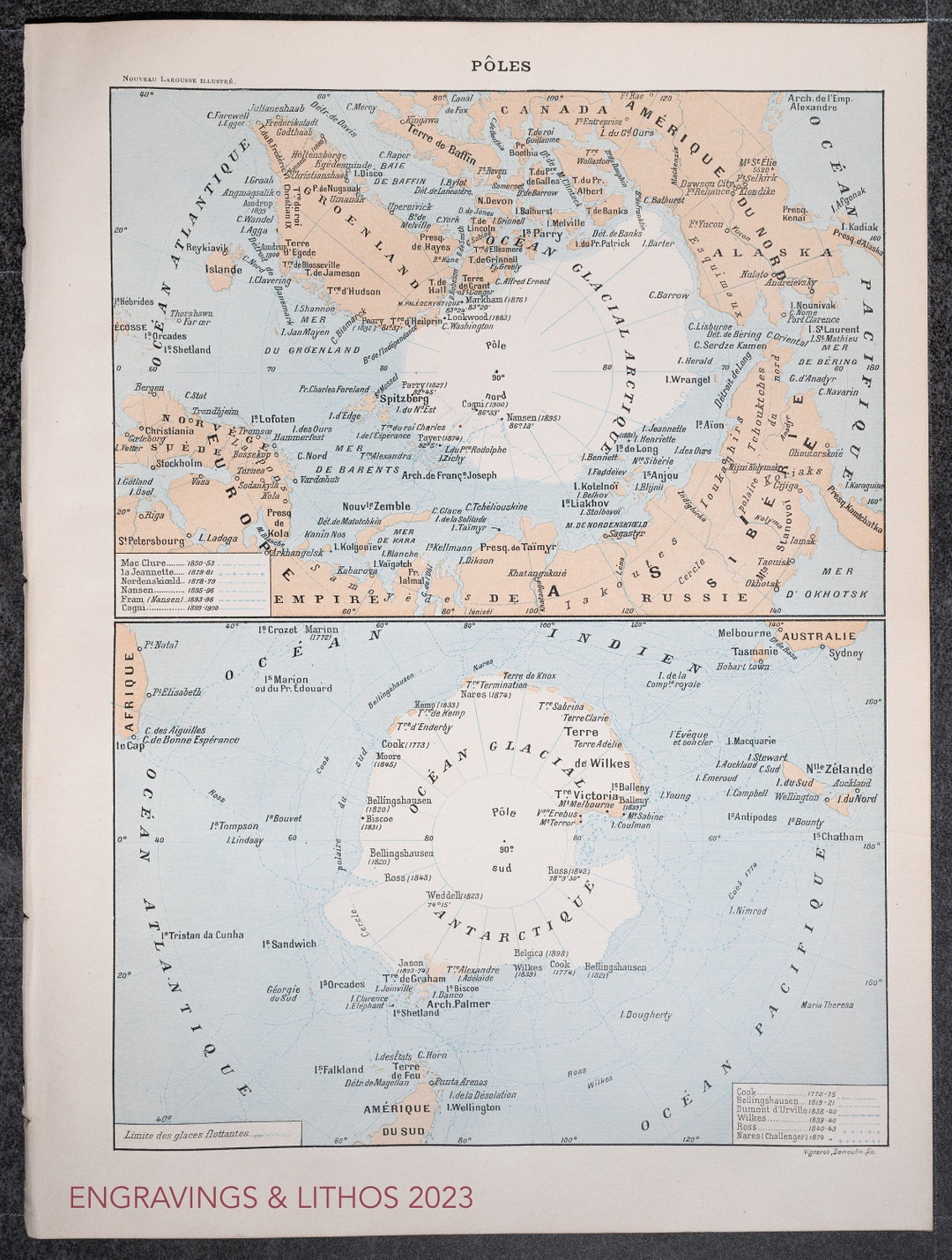 North Pole Map and South Pole Map From "le Noveau Larousse Illustré ...
