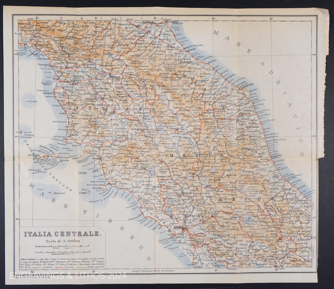 1893 Central Italy Map: Antique Travel Lithograph (original Baedeker ...
