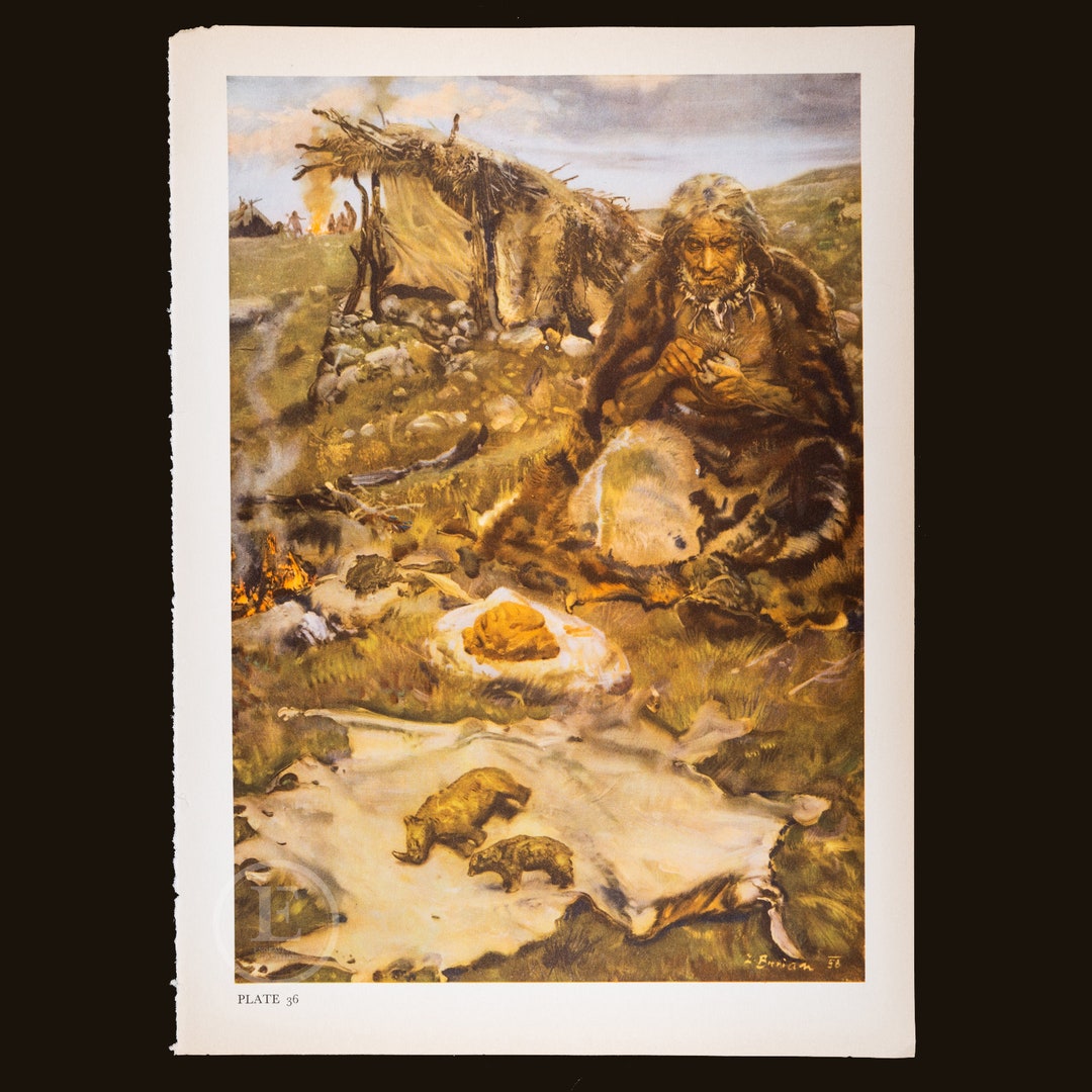 Studio of a Prehistoric Artist - Original Vintage Lithograph Print of ...