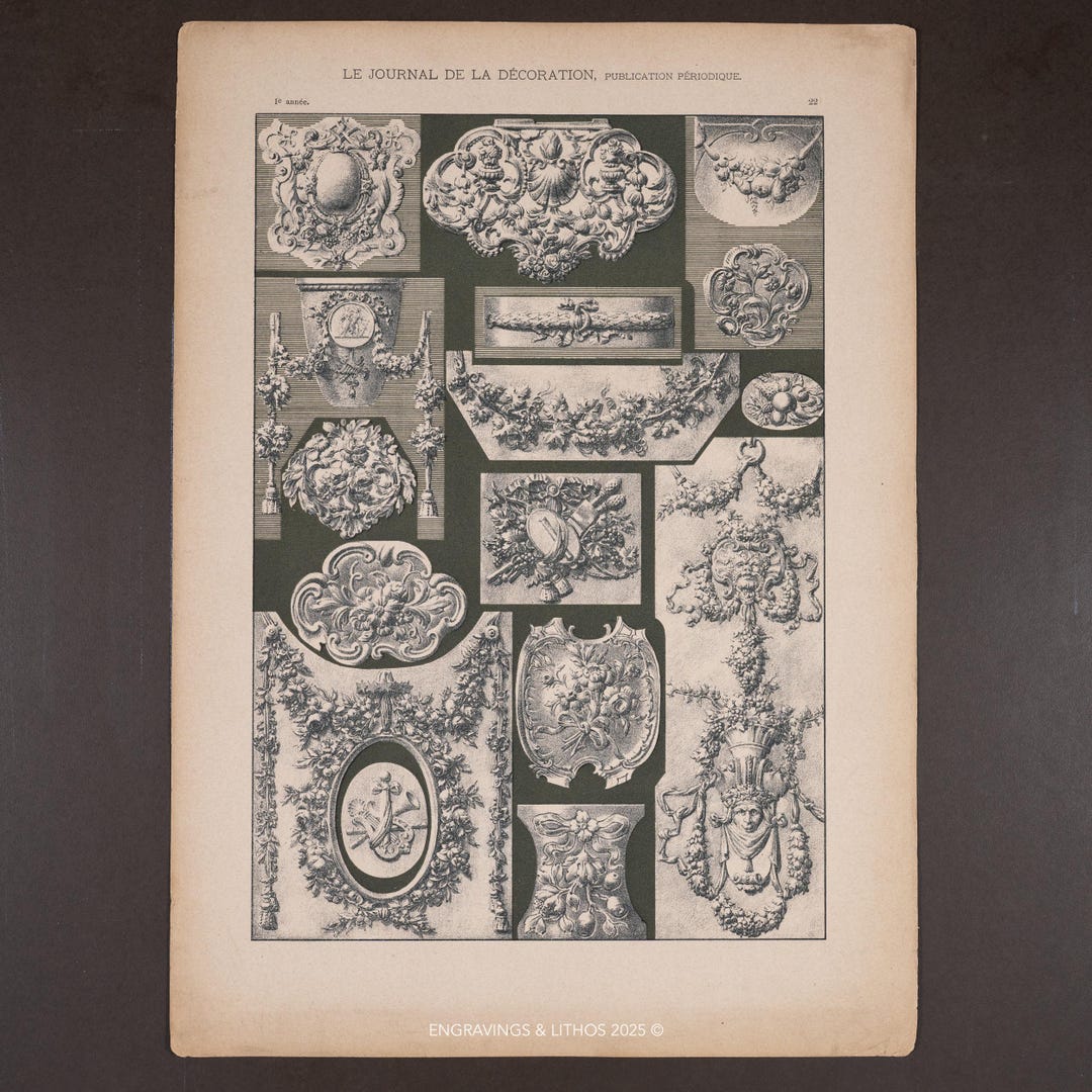 1898 ROCOCO ORNAMENTS - Cartouches, Garlands & Masks - French Antique ...