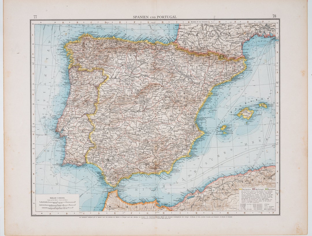 Map of Spain / Color Map / Original / German World Atlas 1896 / Big ...