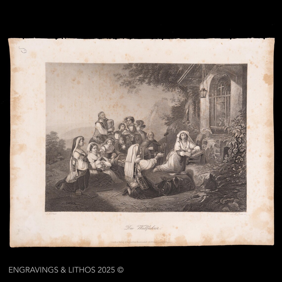Pilgrims Praying Antique Engraving - Original Steel Engraving From ...